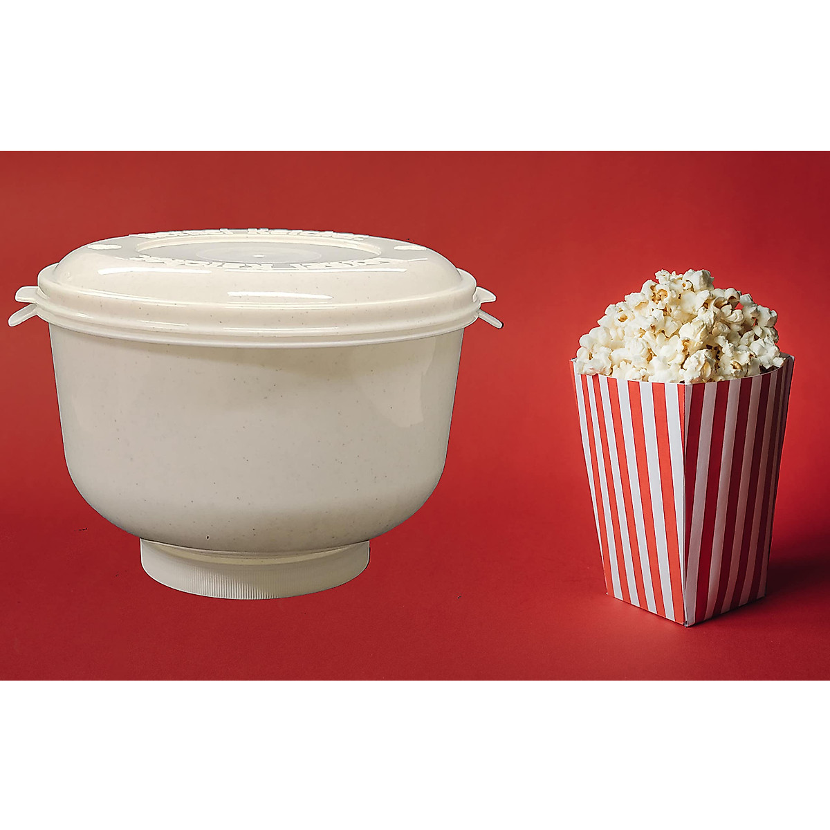 APSI Store Kernel Katcher Popcorn Bowl Set - Popcorn Sifter Shaker Kernel Catcher and Separator, Large and Reusable With Lid, Dishwasher Safe, Recycled Plastic with Handle (White Granite)