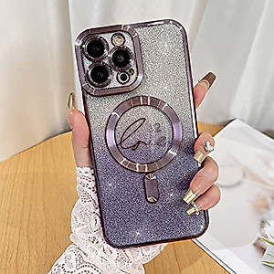 Fiyart Compatible with iPhone 14 Pro Max Case,Compatible with MagSafe Love Heart Plating Camera Protection Clear Phone Case, Magnetic Glitter for Women Girls Shockproof Back Bumper 6.7"-Purple