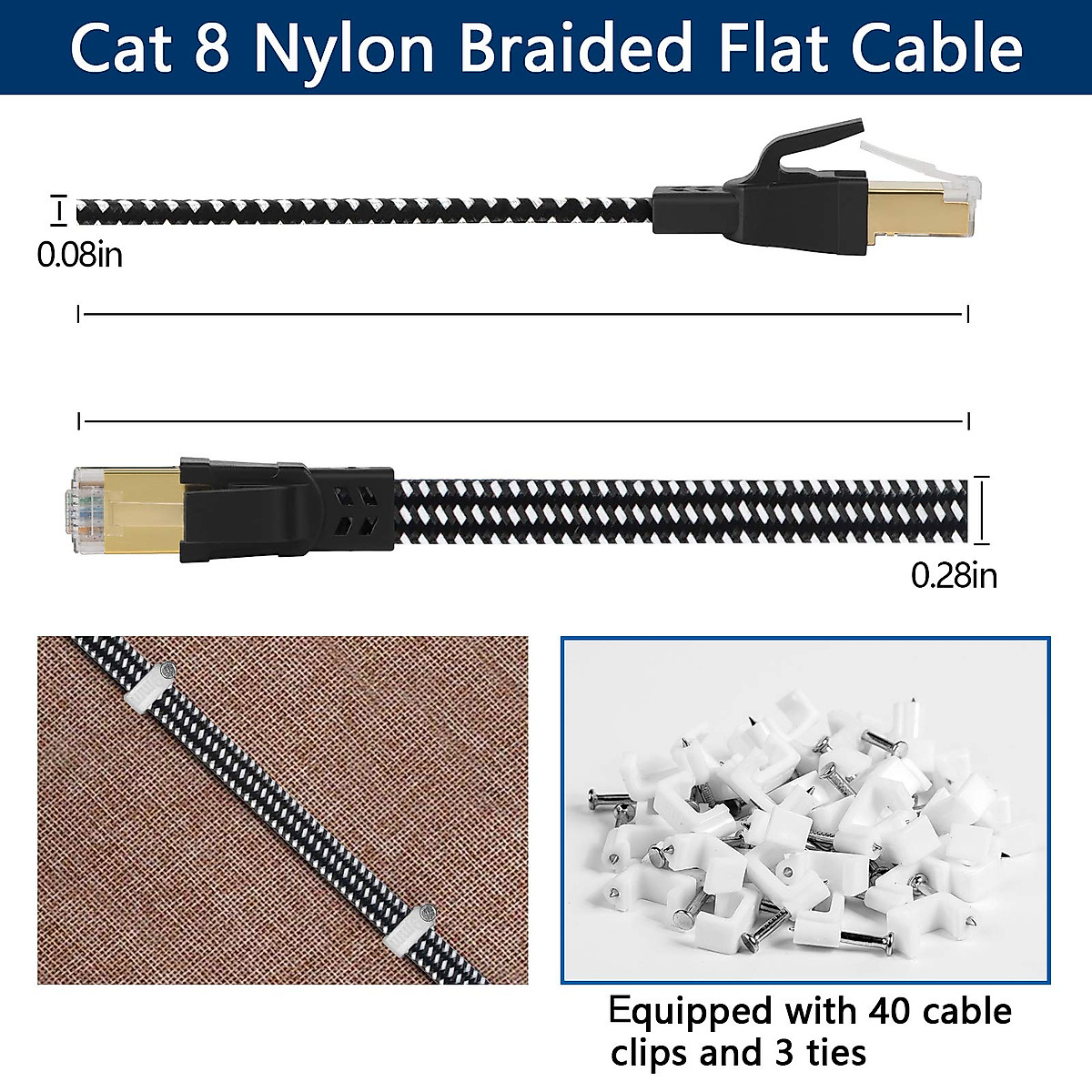 DEEGO Cat 8 Ethernet Cable 50 FT, Nylon Braided High Speed Flat Network Cable Shielded with Gold Plated RJ45 Connector, 30AWG LAN Internet Cable 40Gbps 2000Mhz Fit PS4, PS5, Switch, Router, Modem