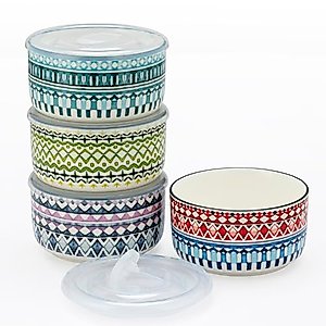 Signature Housewares Ceramic Bowl Set with Vented Lids, Serving Bowls with Lids, 5 Inch Prep Bowls for Kitchen, Lunch, Picnic, 21 Oz Set of 4 Stoneware Storage Bowls