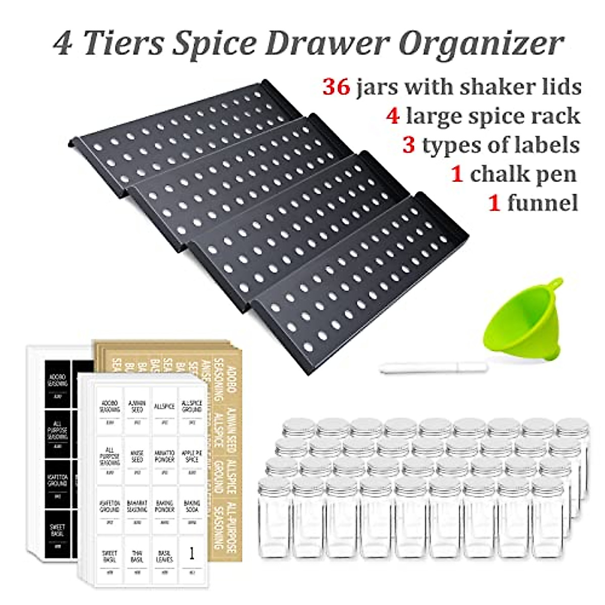 Churboro Spice Drawer Organizer with 36 Spice Jars, 3 Types of Spice Labels, Funnel, Chalk Pen- 4 Tiers Spice Rack Organizer Insert for Kitchen Drawer, Drawer Seasoning Rack, Large