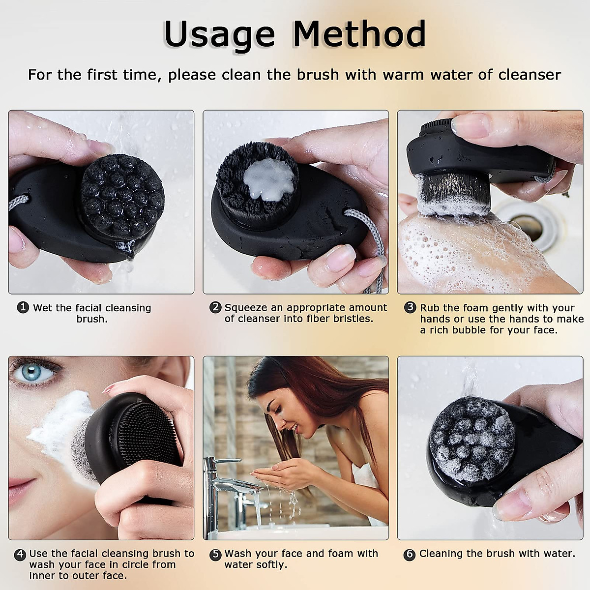 Beomeen Facial Cleansing Brush 2 in 1 for Face Exfoliation, Soft Bamboo Charcoal Microfiber Bristle for Pore Deep Cleansing, Dual Face Silicone Scrubber Brush for Skincare with Lid, Black