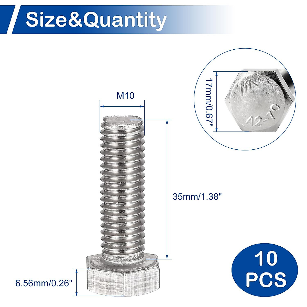 MroMax 10Pcs M10 x 35mm Hex Head Screws Bolts, 304 Stainless Steel 18-8, Fully Threaded, External Hex Drive, for Mounting Chair, Handles, Rail, Pump, Wheels, Antenna Parts, Boat and Plastic Bumpers