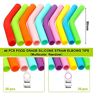 40 Pcs Food Grade Silicone Straw Elbows Tips, Soft Reusable Stainless Steel Straw Nozzles Fit for 1/3" and 1/4" Wide (8mm and 6mm） Outer Diameter Stainless Steel Straws, Multicolor