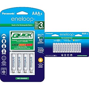 Eneloop Panasonic Rechargeable Battery Bundle with Advanced Individual 3 Hour Quick Charger (4 AAA Batteries) + 12 AAA Batteries Pack