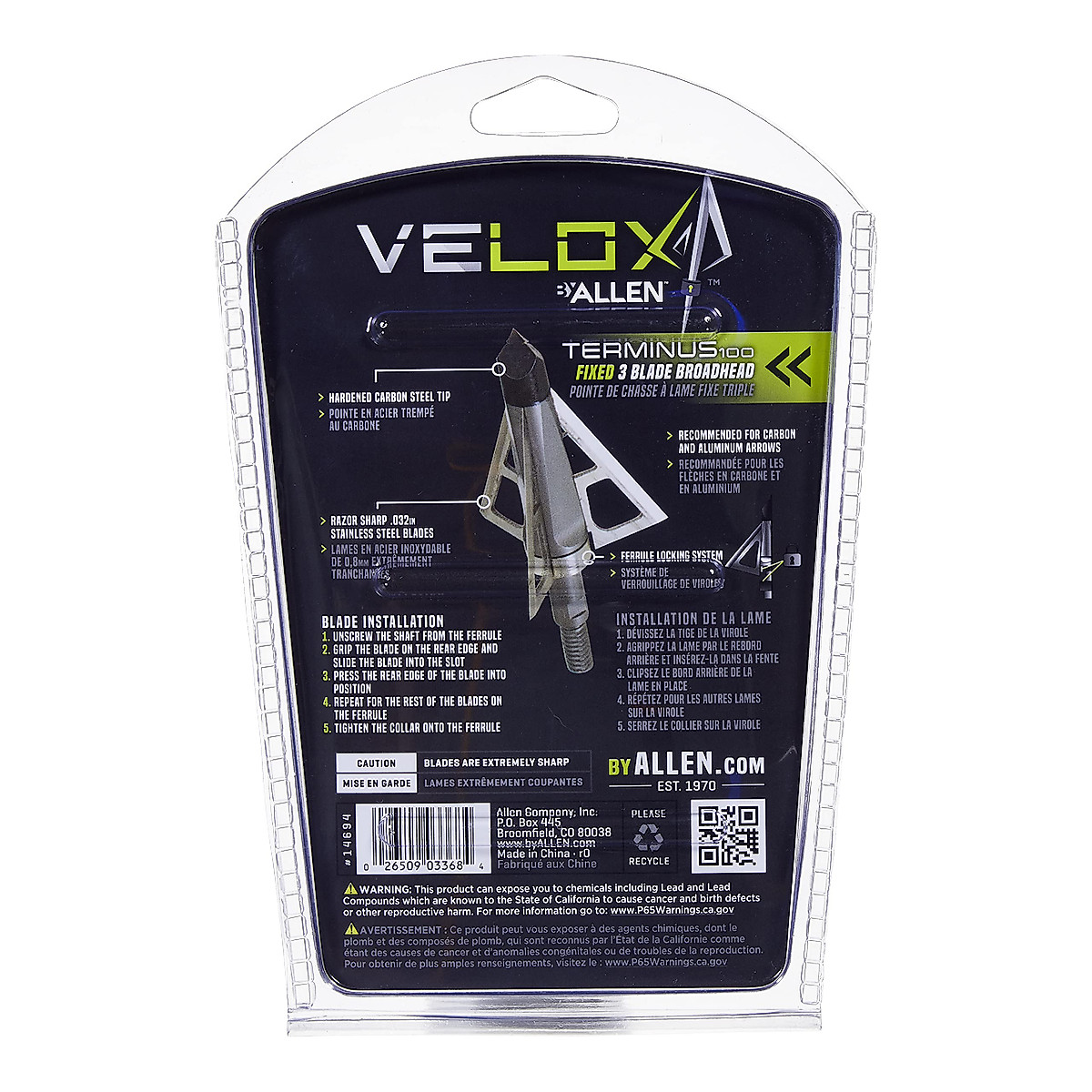 Allen Company Velox CX Terminus 3 Blade Crossbow Broadhead by Allen Company, 100 Grain, Metal