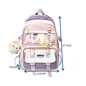 HomeSweety Aesthetic lovely cute Back to school pastel backpack with free kawaii cartoon pendant accessories pins for teen girls