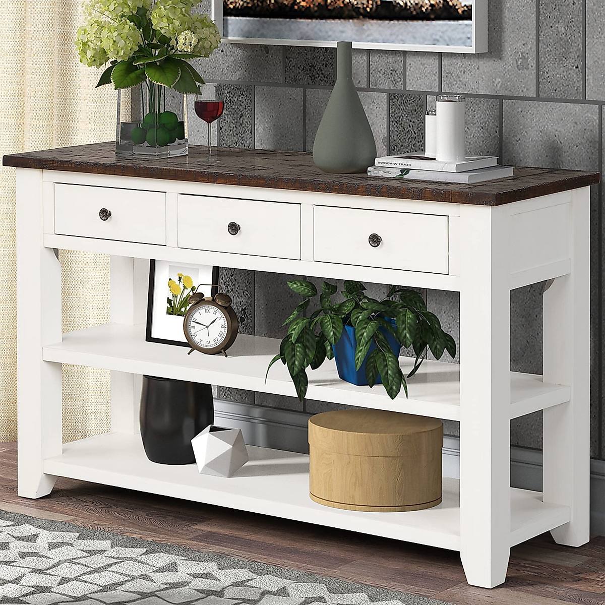 Gecheer 48" Solid Pine Wood Top Console Table, Modern Entryway Sofa Side Table with 3 Storage Drawers and 2 Shelves. Easy to Assemble (Antique White+ Brown Top) 2497B