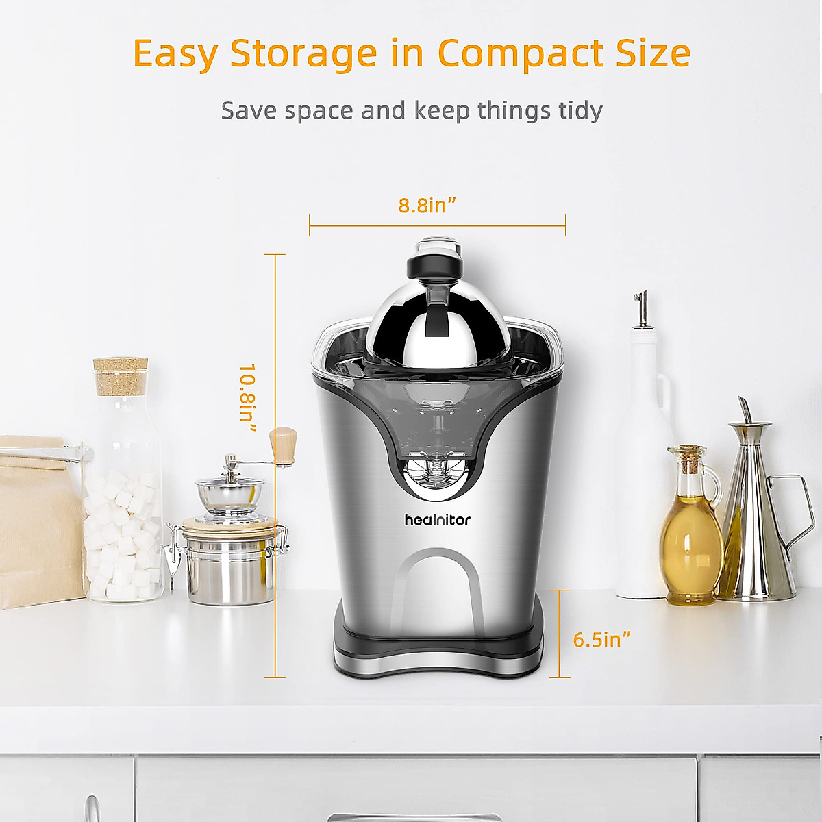 Healnitor 150W Electric Citrus Juicer Squeezer with 2 Cones, Stainless Steel Quiet Orange Juice Extractor Machines for Lime Grapefruit Lemon, Detachable Design