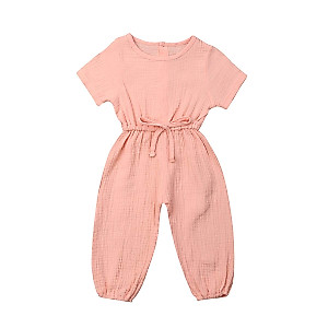 Mubineo Toddler Baby Girl Summer Fall Basic Plain Short Sleeve Cotton Linen Drawstring Romper Jumpsuit (Peach Pink, 2-3T)