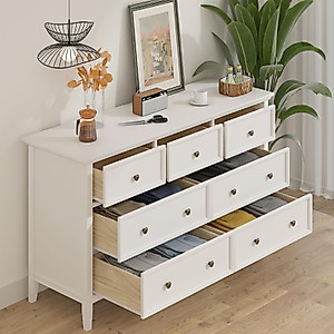 IKENO White 7 Drawer Dresser for Bedroom, Modern Solid Wood Large Storage Cabinet, Simple White Chest of Drawer for Bedroom Living Room Hallway Entryway (White)