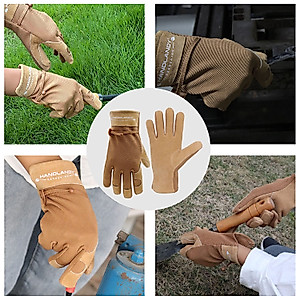 HLDD HANDLANDY Womens Leather Work Gloves, 2 Pairs Cowhide Gardening Gloves Breathable Utility Work Gloves for Driver, Mechanics, Construction, Yardwork (Small, Brown)…