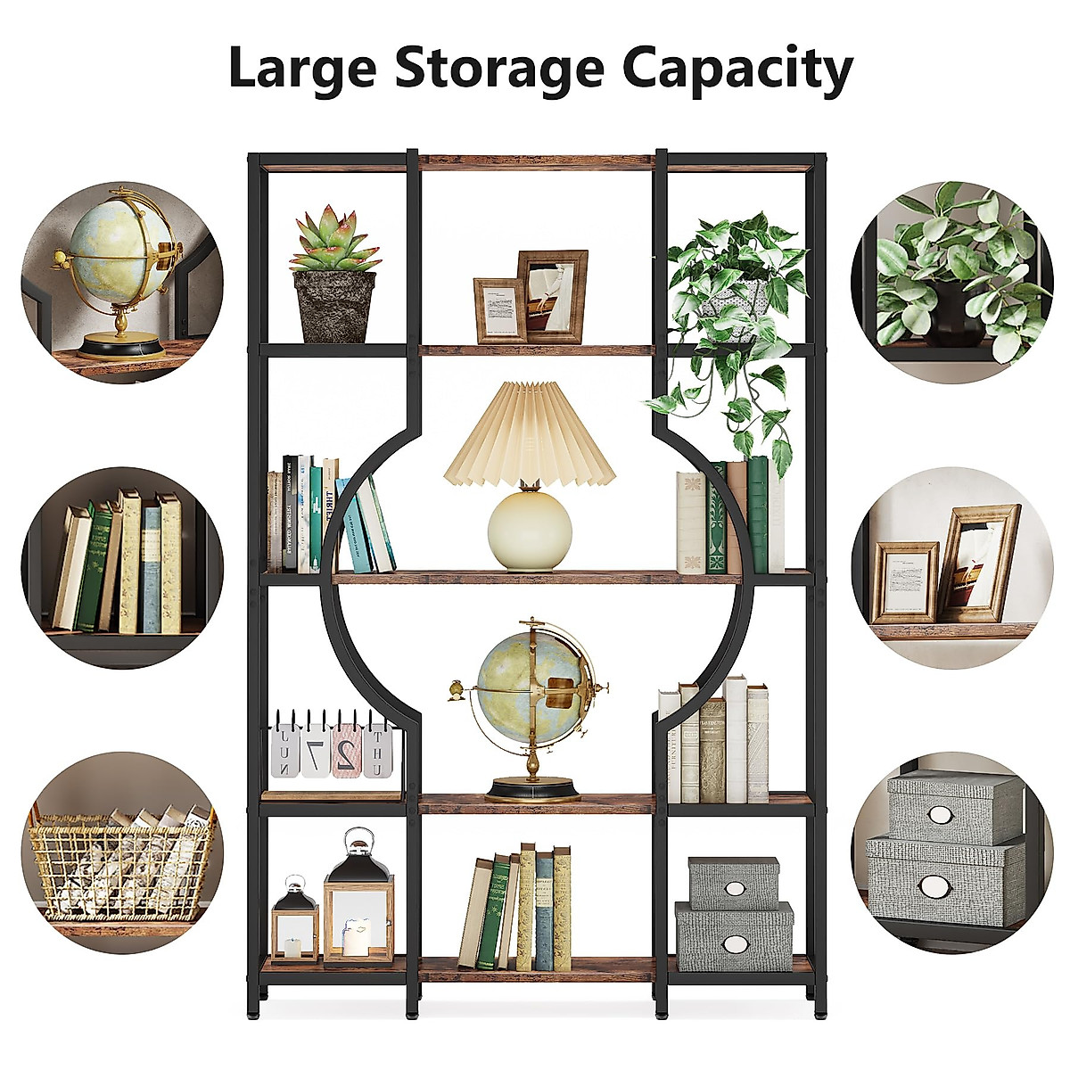 Tribesigns 5-Tier Bookshelf and Bookcase, Vintage Tall Bookcase with 12 Open Display Shelves, Wooden Book Shelving Unit with Metal Frame for Home Office, Living Room, Bedroom