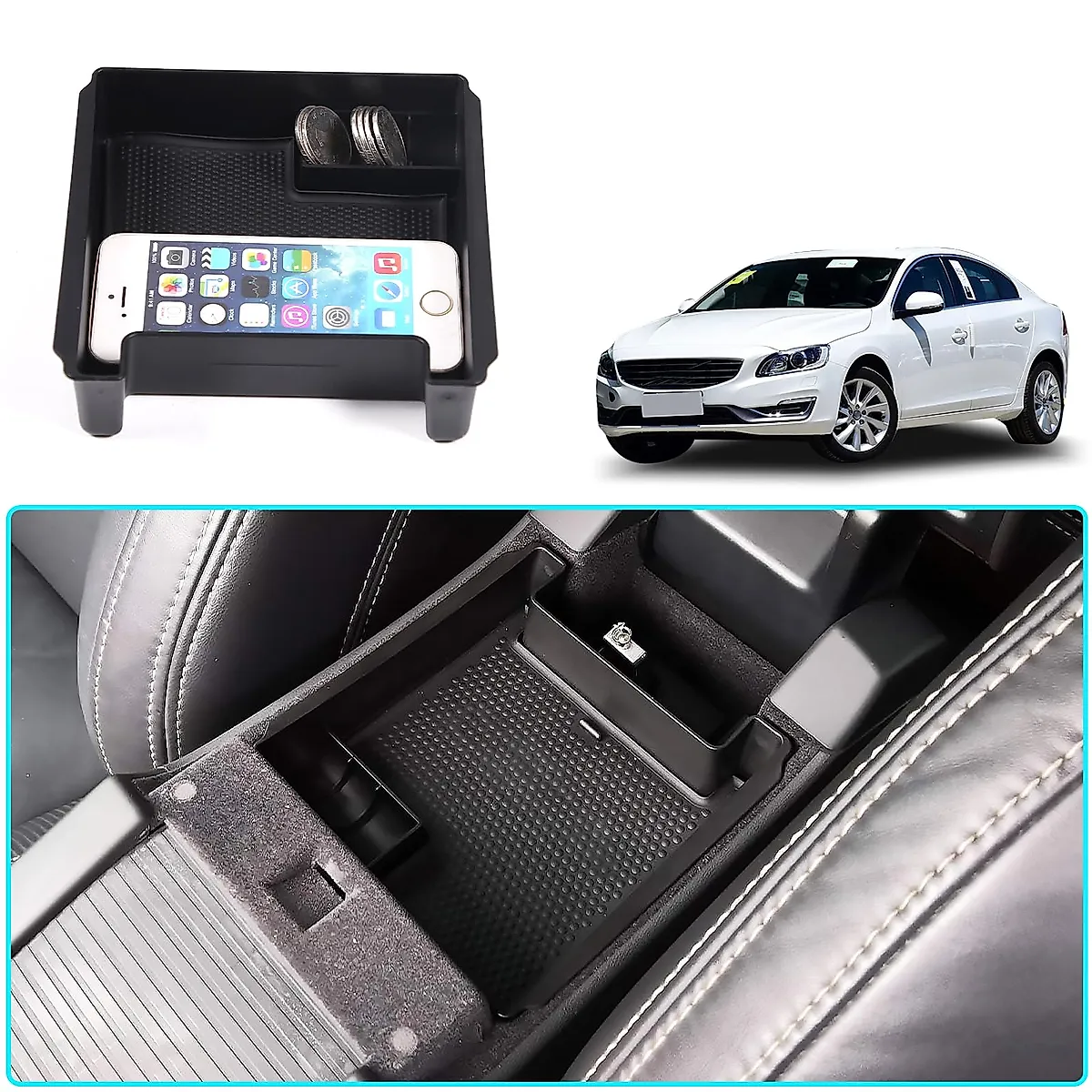 Black Armrest Storage Box Center Console Organizers Phone Tray with Mat and Logo Fit for Volvo S60 S60L V60 XC60 2009-2017