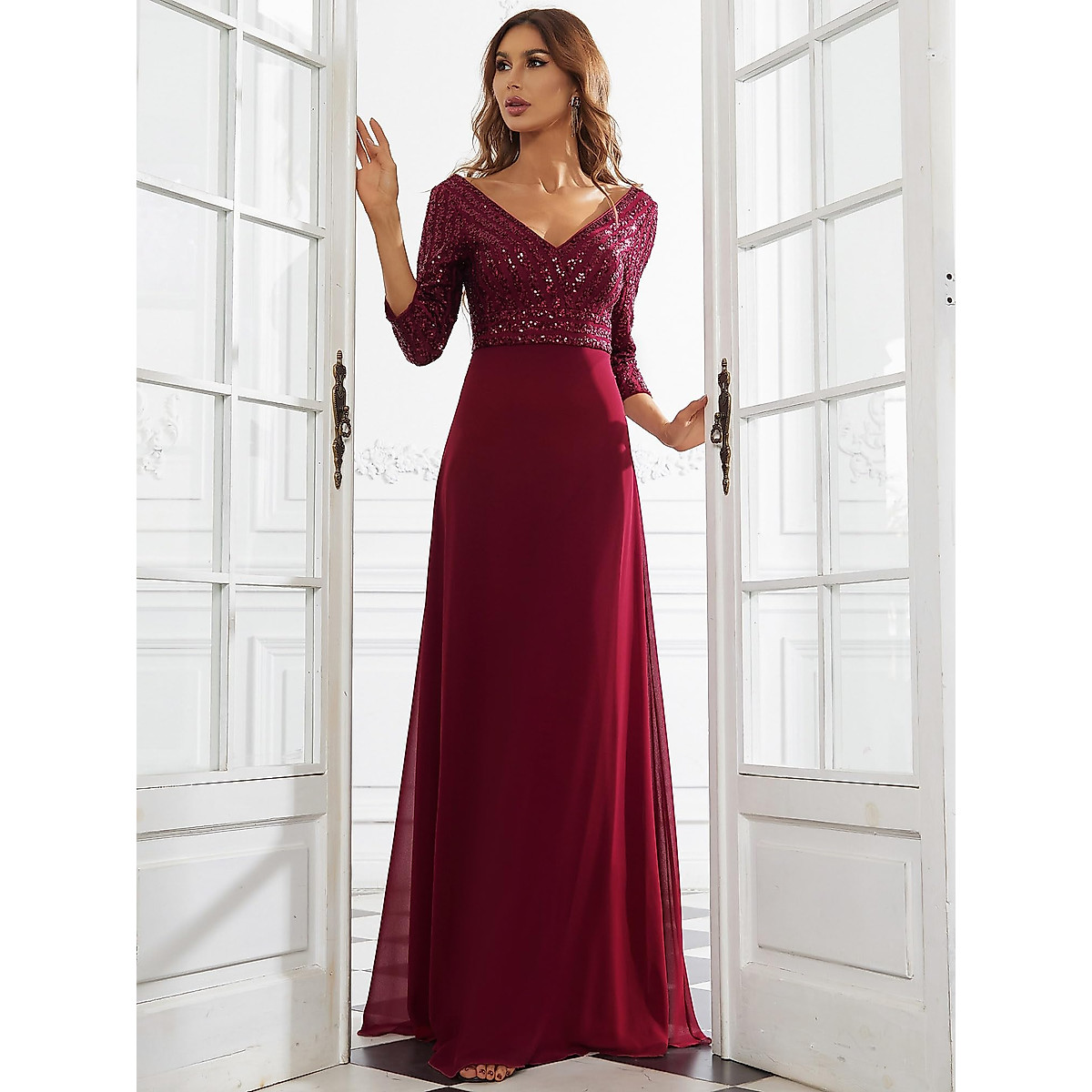 Ever-Pretty Women's Elegant Formal Dress V-Neck Long Sleeve Sequin Maxi Chiffon Evening Dresses Burgundy US04