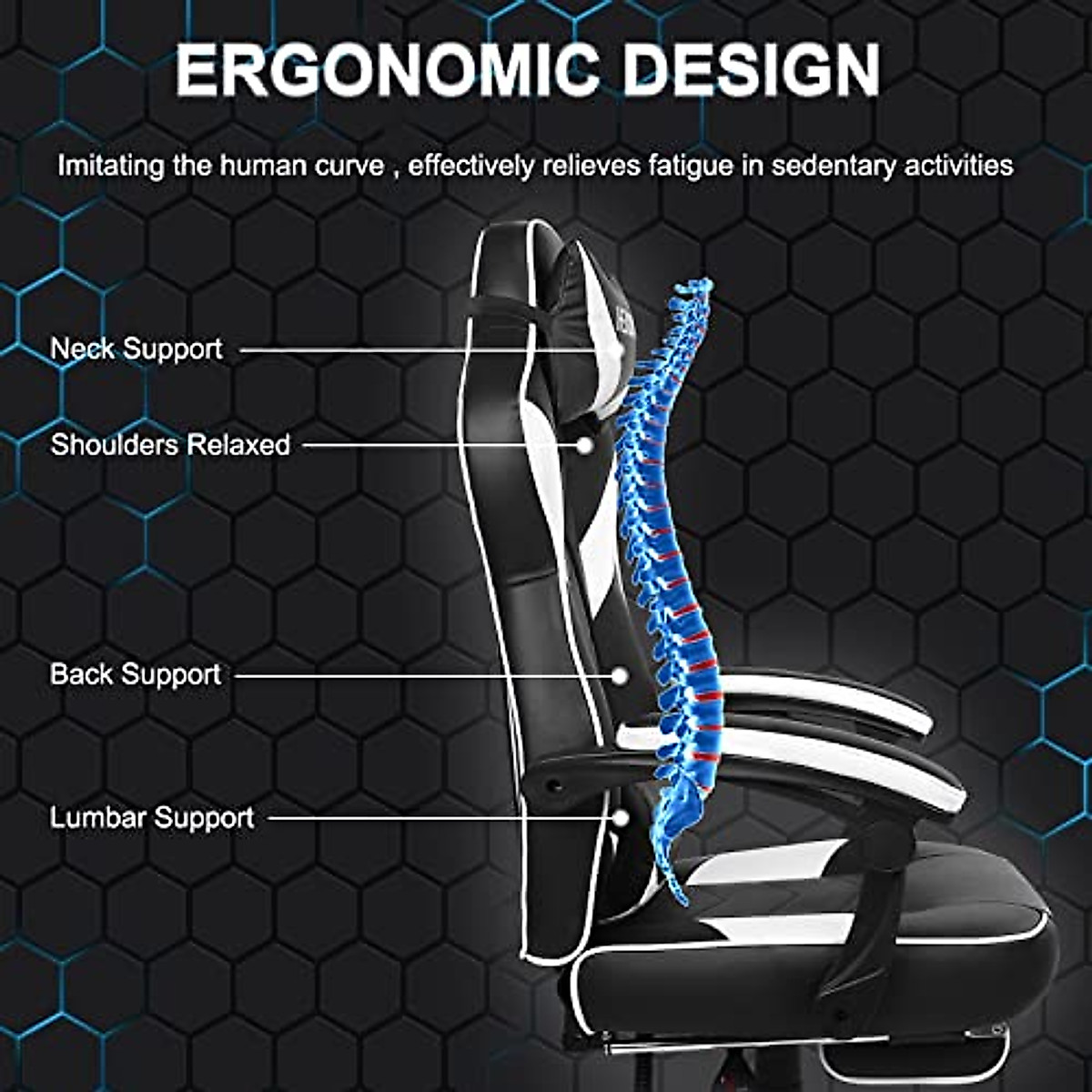 HEADMALL Gaming Chair with Footrest, Office Chair with Lumbar Support and Headrest Height Adjustable Gamer Chair with 360°-Swivel Seat - Black White