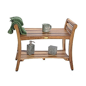 EcoDecors Symmetry Shower Bench Natural Teak Wood Shower Bench with Shelf and LiftAide Arms 30" Long Wood Shower Stool in EarthyTeak Finish for Indoors and Outdoors