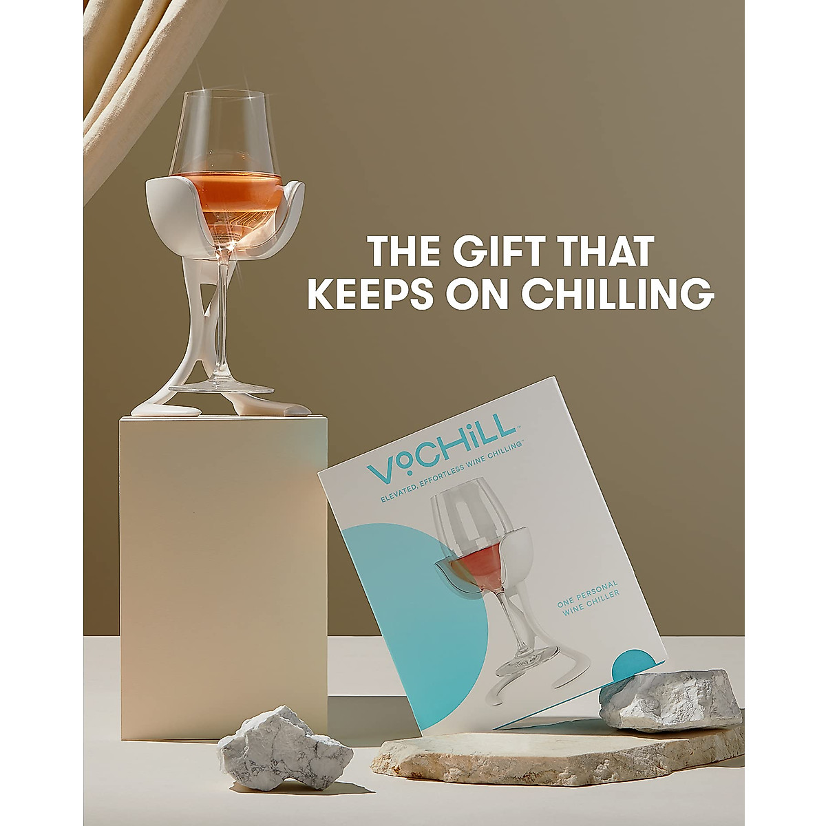 VoChill Stemmed Wine Glass Chiller | Smart & stylish | Radically cool wine tool – keeps wine perfectly chilled in your glass | Refreezable Chill Cradle actively chills (Quartz, Single VoChill)