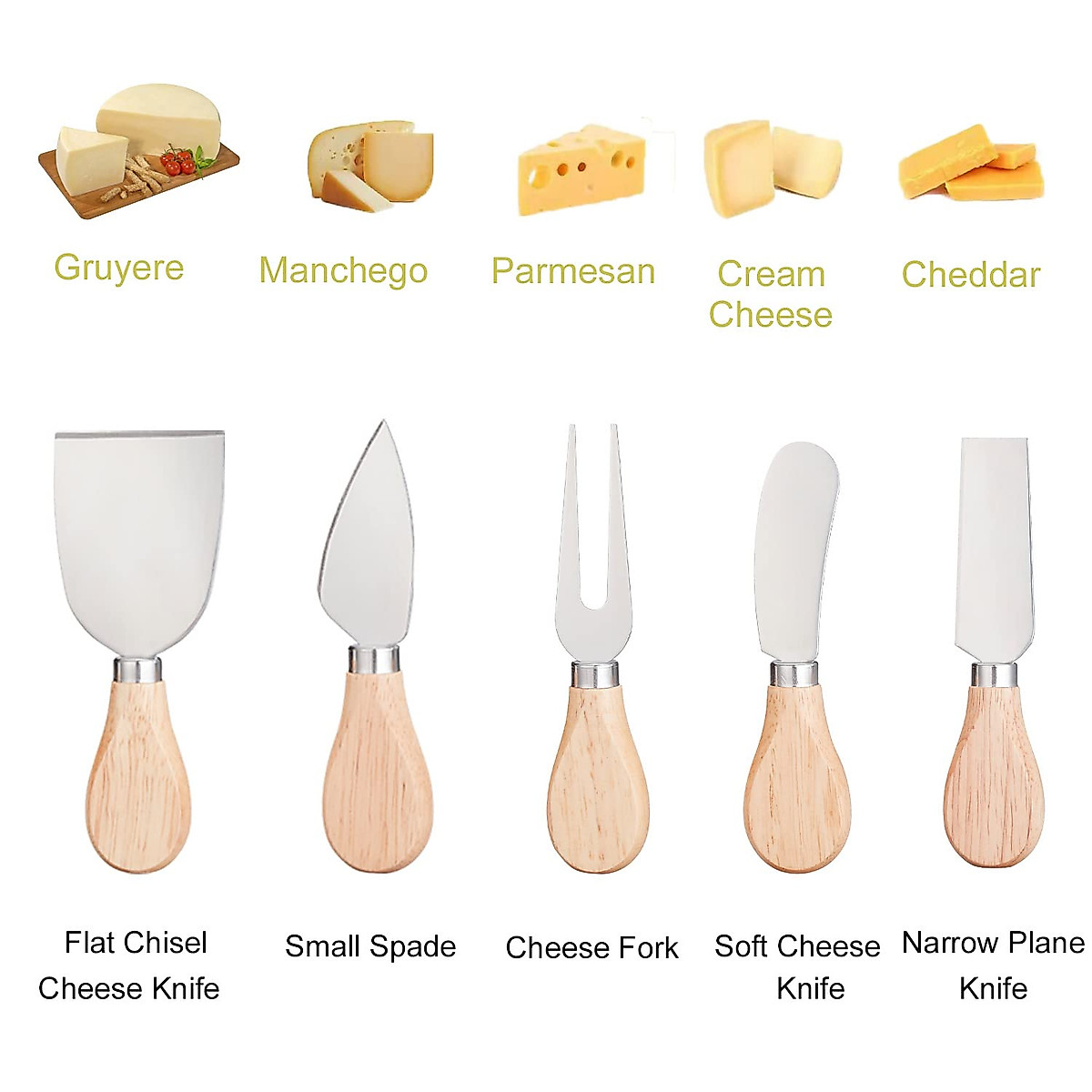 Samilcsp Cheese Knife Set for Charcuterie Board Accessories, Stainless Steel Spreader Knife Set with Serving Tongs, Spoons, Forks, Honey Dippers, Bamboo Picks for Cheese Board