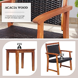 Tangkula 3-Piece Patio Acacia Wood Bistro Set, Patiojoy Outdoor Furniture Set with 2 Chairs & 1 Side Table, Weather Resistant Rattan Garden Conversation Chair Set for Pool Side, Deck, Balcony