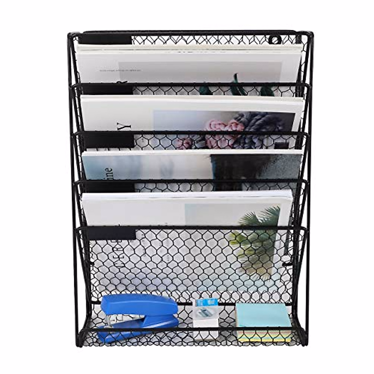 PAG Hanging Wall File Holder Mail Organizer Metal Chicken Wire Wall Mounted Literature Rack, 6 Tier, Black