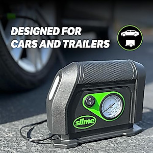 Slime 40050 Tire Inflator, Portable Car Air Compressor, with Analog 100 psi Dial Gauge, Long Hose and LED Light, 12V, 8 min Inflation