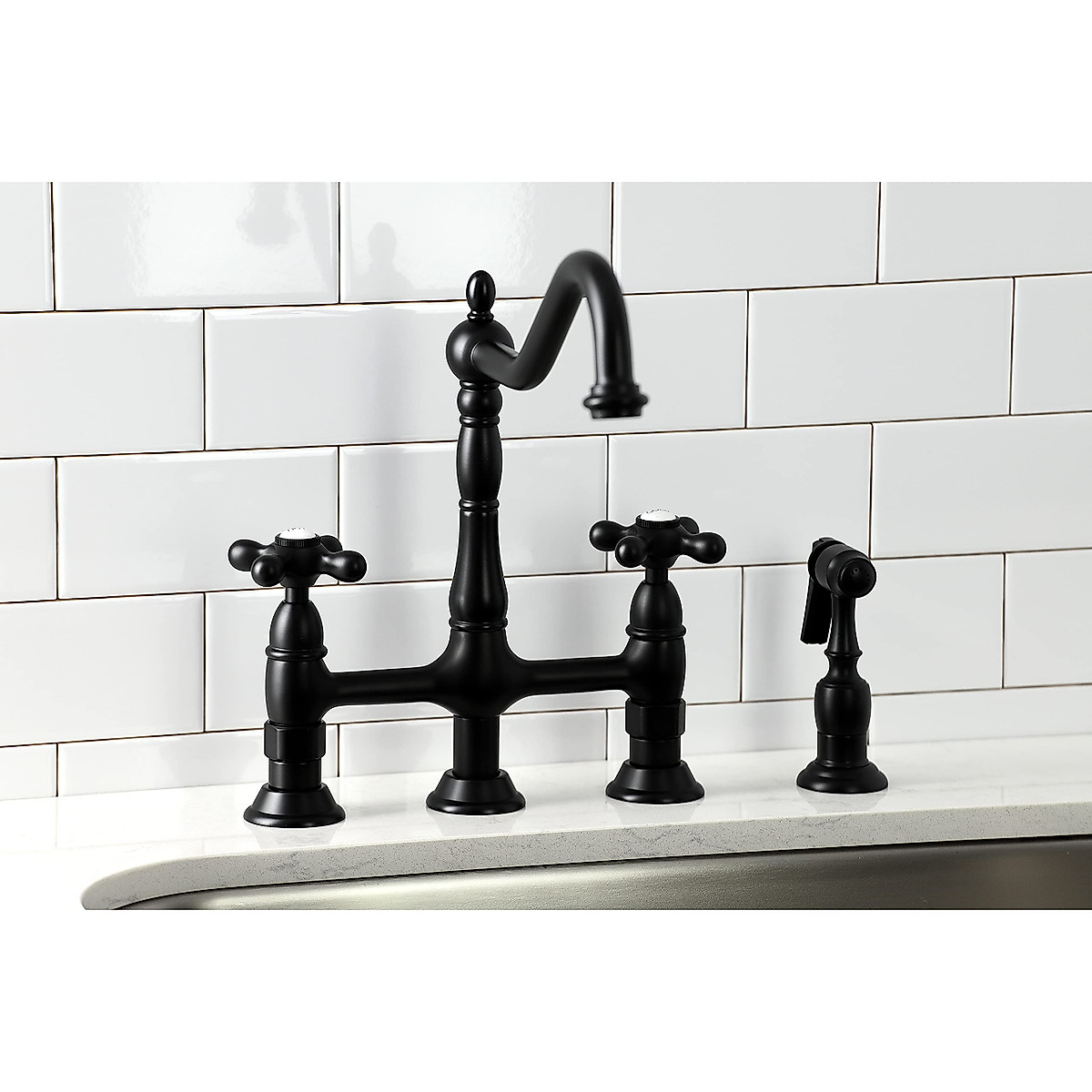 Kingston Brass KS1270AXBS Heritage Bridge Kitchen Faucet, 8-9/16" in Spout Reach, Matte Black