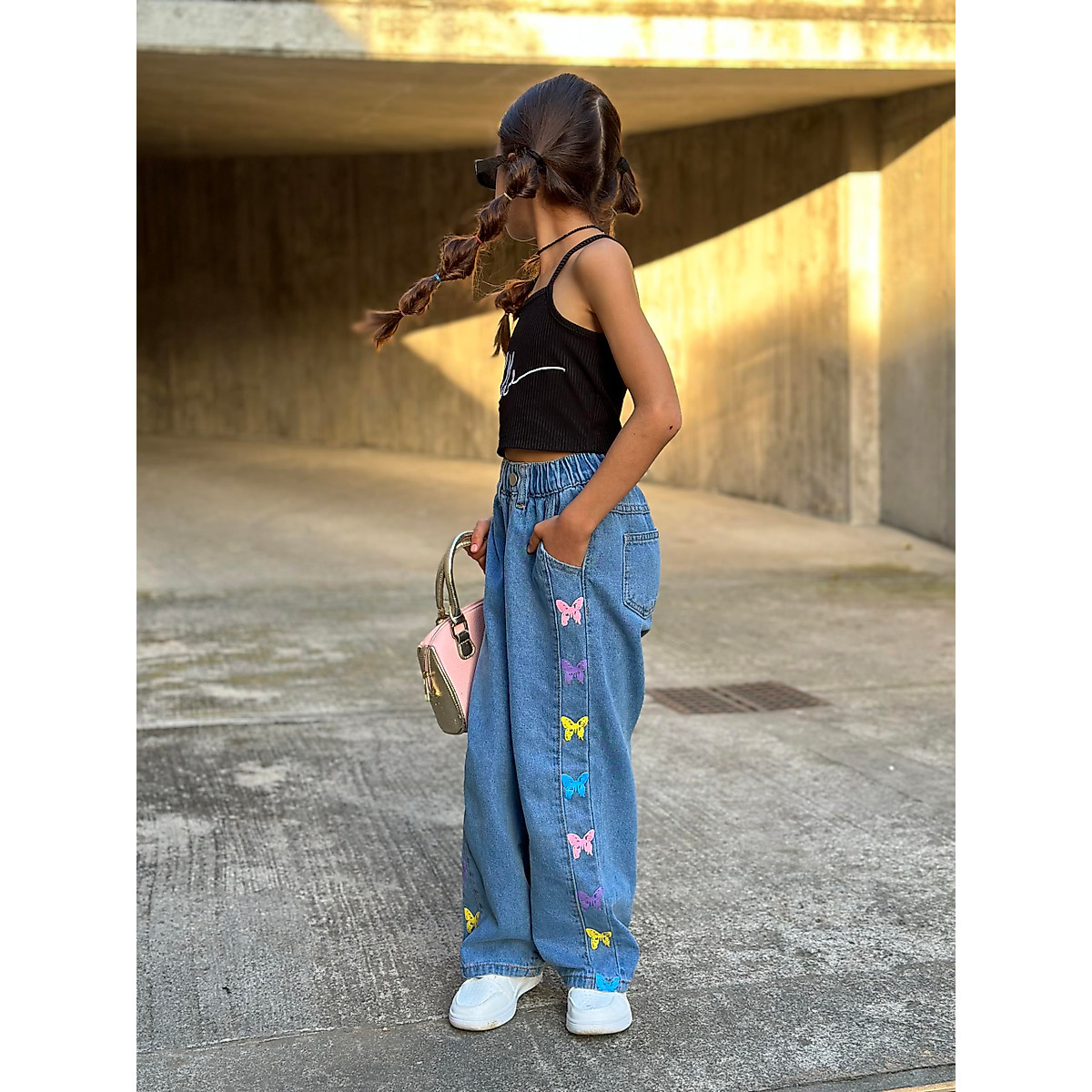 Rolanko Big Girls Baggy Jeans Elastic Wide Leg Stretch Denim Pants Loose Kids Clothes (Colorful Butterfly, 14-16)