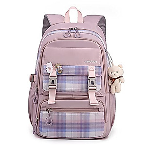 Girls Plaid Aesthetics Backpack Teens Lightweight Casual Bookbag Kawaii Travel Bag with Cute Pins Accessories Schoolbag