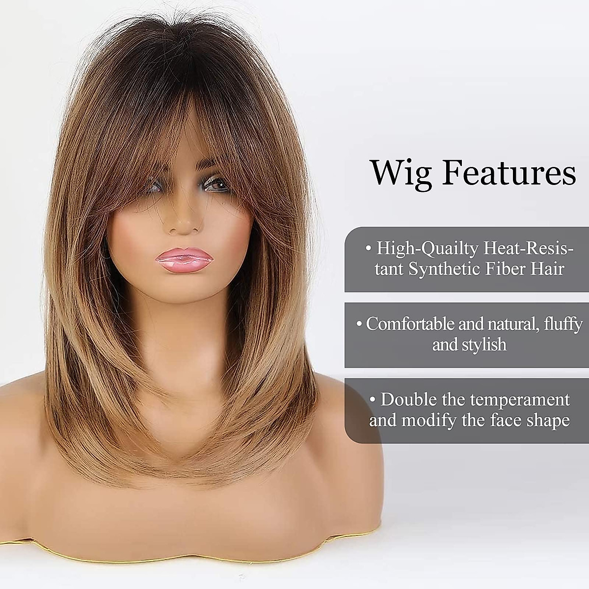 Alanhair Ombre Brown Wigs for Women,Shoulder-Length Layered Wigs with Bangs Heat Resistant Synthetic Fibre Wigs