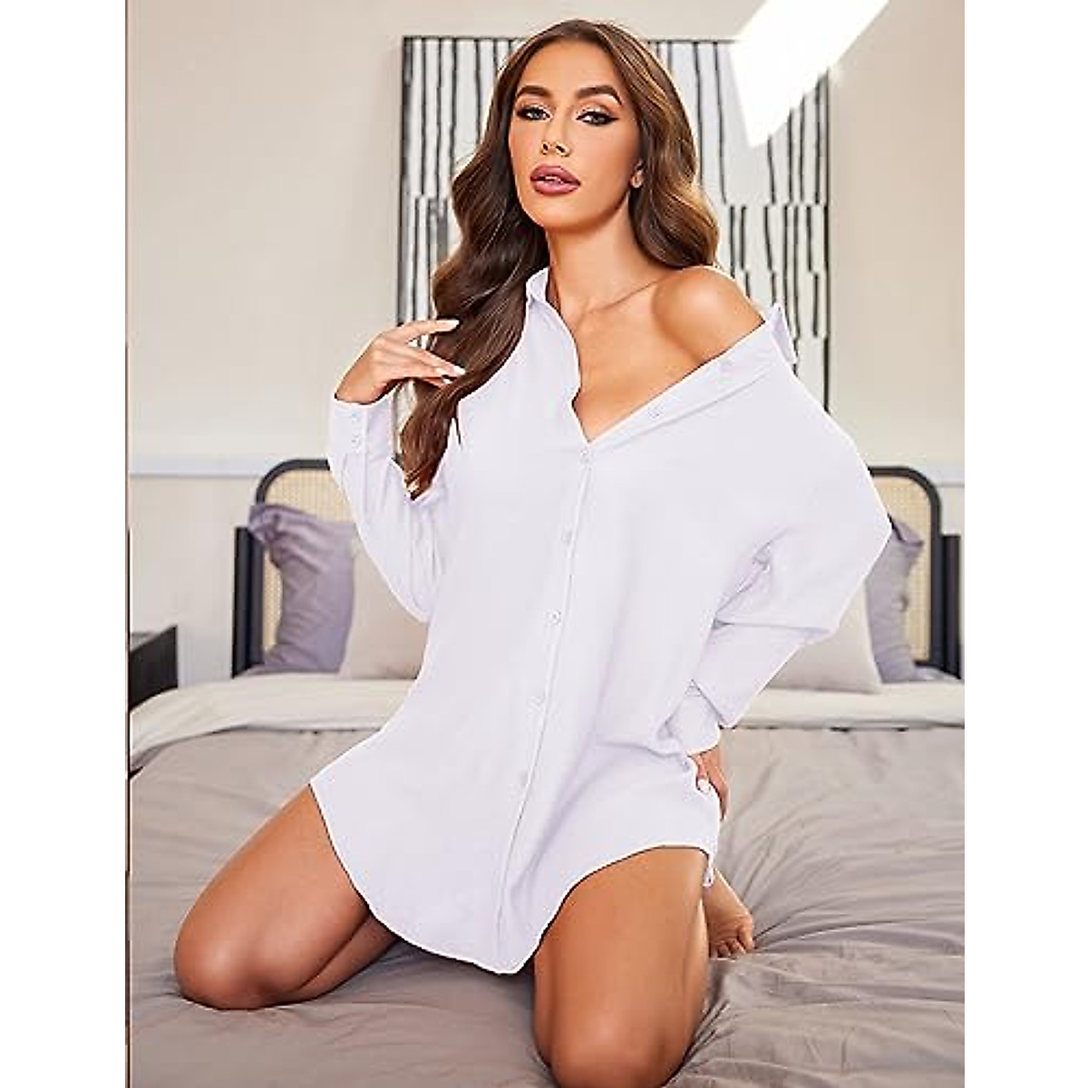 Ekouaer Sleepshirt for Women Button Down Long Sleeve Pajama Tops Loose Fit Boyfriend Nightwear White M