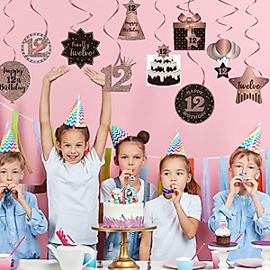 BRT Bearingshui Happy 12th Birthday Party Hanging Swirls Streams Ceiling Decorations, Celebration 12 Foil Hanging Swirls with Cutouts for 12 Years Old Rose Gold Birthday Party Decorations Supplies
