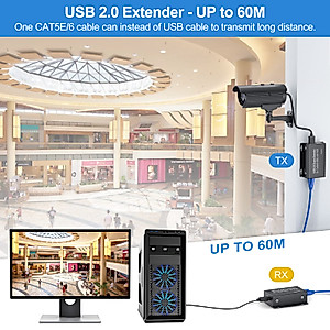 USB Extender Over Ethernet 200ft USB2.0 HUB RJ45 Cat5e/6 up to 480Mbps with Power Adapter Two Cameras Work in Sync Support Windows MacOS Android Linux