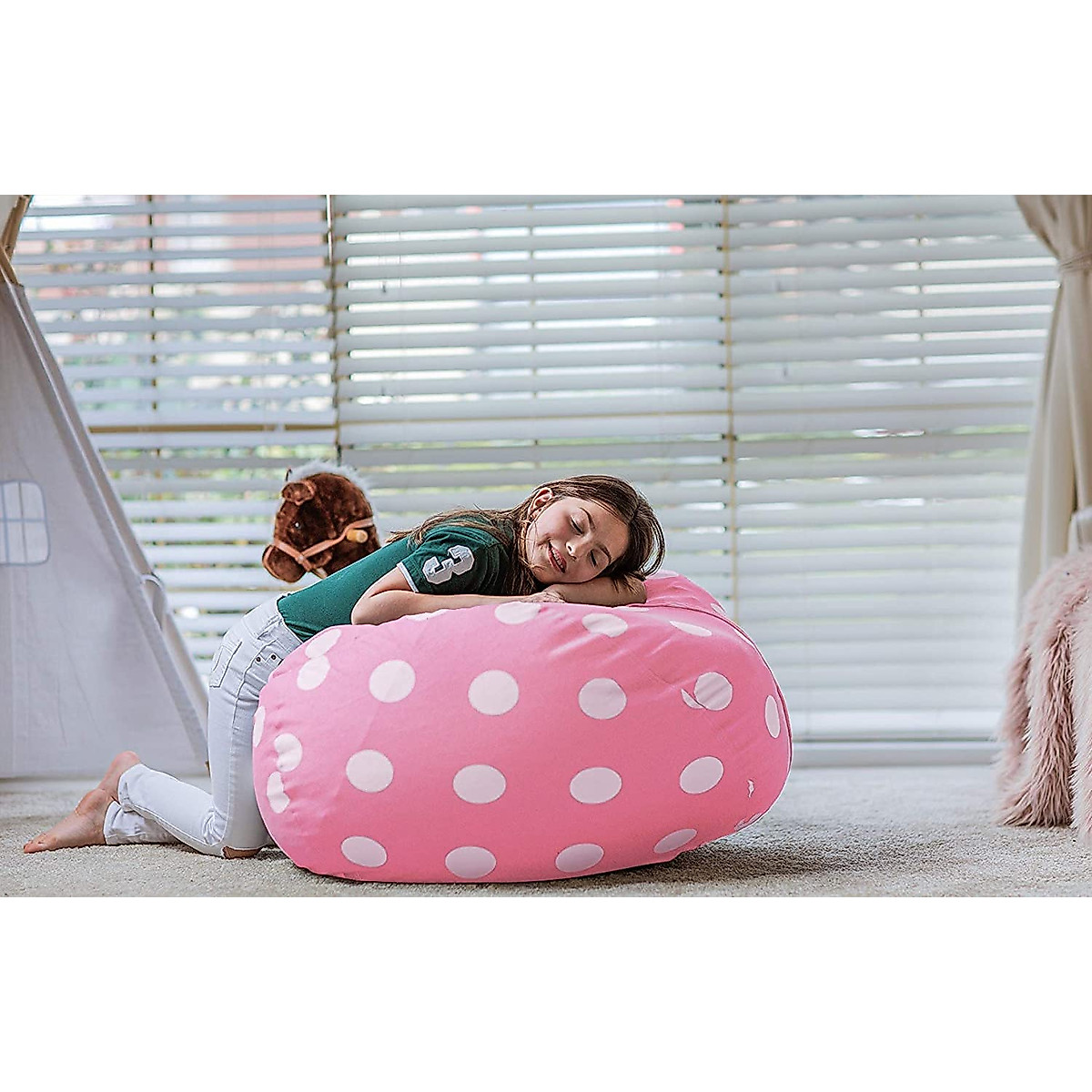Wekapo Stuffed Animal Storage Bean Bag Chair Cover for Kids | Stuffable Zipper Beanbag for Organizing Children Plush Toys Large Premium Cotton Canvas (Pink Dot, XX-Large)
