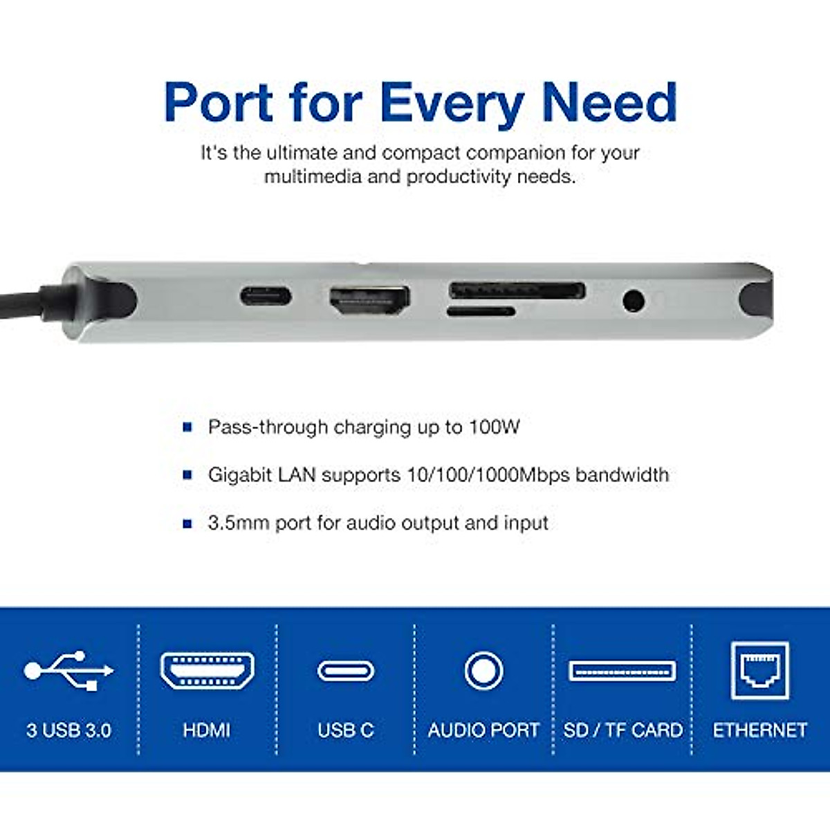 Verbatim 9-in-1 USB C Hub Adapter - 100W Power Delivery, USB 3.0, SD Card Readers, Gigabit LAN, 3.5mm Port for USB C Laptops