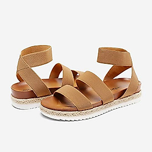 DREAM PAIRS Women's Open Toe Elastica Ankle Strap Espadrille Dressy Flatform Wedge Sandals Elastic Ankle Strap Platform Sandals, Jimmie, Camel, Size 7