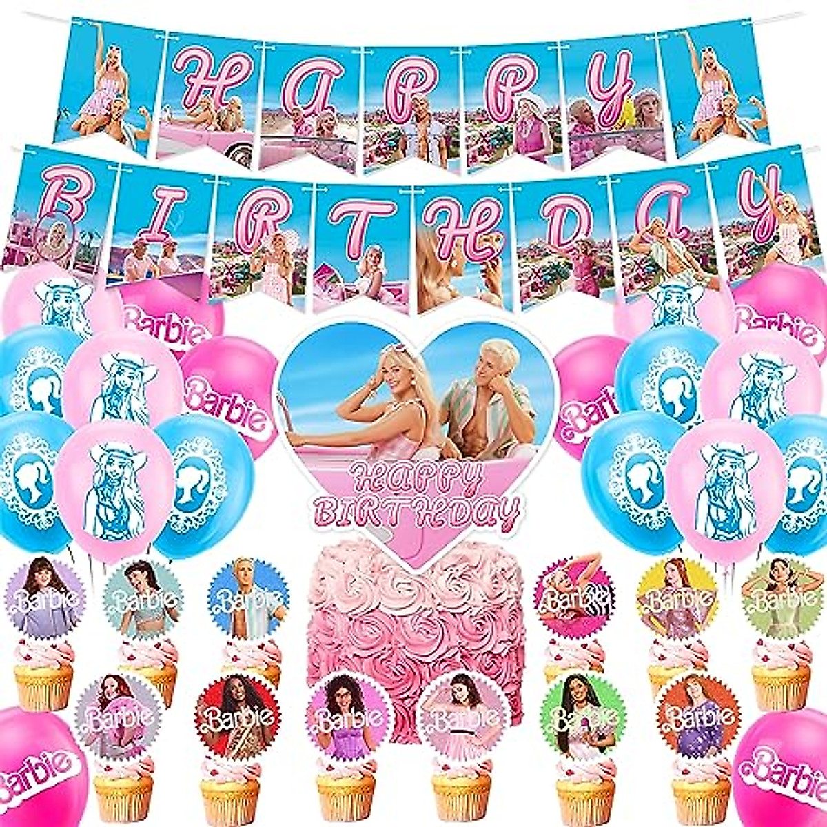 Party Decoration Suitable for Barbie Theme Party, Party Supply Include Banner, Balloons, Cake Topper and Cupcake Topper for Kids Birthday Suitable for Barbie Movie Theme Birthday Decoration