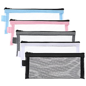 COMNICO 5pcs Pencil Case Pencil Pouch, Clear Exam Pen Bag Simple Nylon Mesh Zipper Pencil Bag Makeup Bag Portable Office Stationery Storage Pouch for Adults
