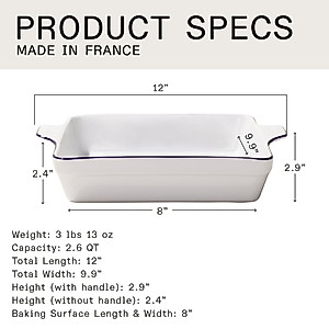 Made In Cookware - Square Baking Dish - Navy Rim - Hand Crafted Porcelain - Professional Bakeware - Made in France