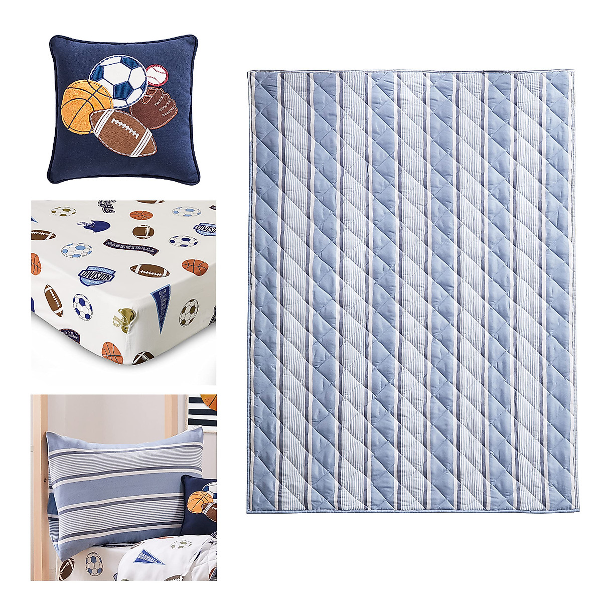 Levtex Baby - Little Sport Toddler Bed Set - Navy, Blue, Taupe, Orange - 5 Piece Set Includes Reversible Quilt 42"x57", Fitted Sheet 28"x52", Flat Sheet 45" x60in, Pillow Case 20"x26", Pillow 10"x12"