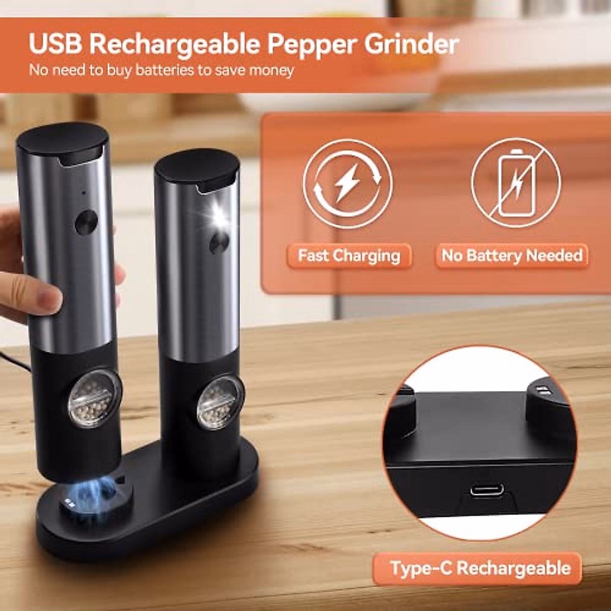 [2023 𝐔𝐩𝐠𝐫𝐚𝐝𝐞𝐝] Electric Salt and Pepper Grinder Set Rechargeable, No Battery Needed, One Hand Operation, Automatic Pepper Mill Refillable, Stainless Steel, Adjustable Coarseness, LED Light
