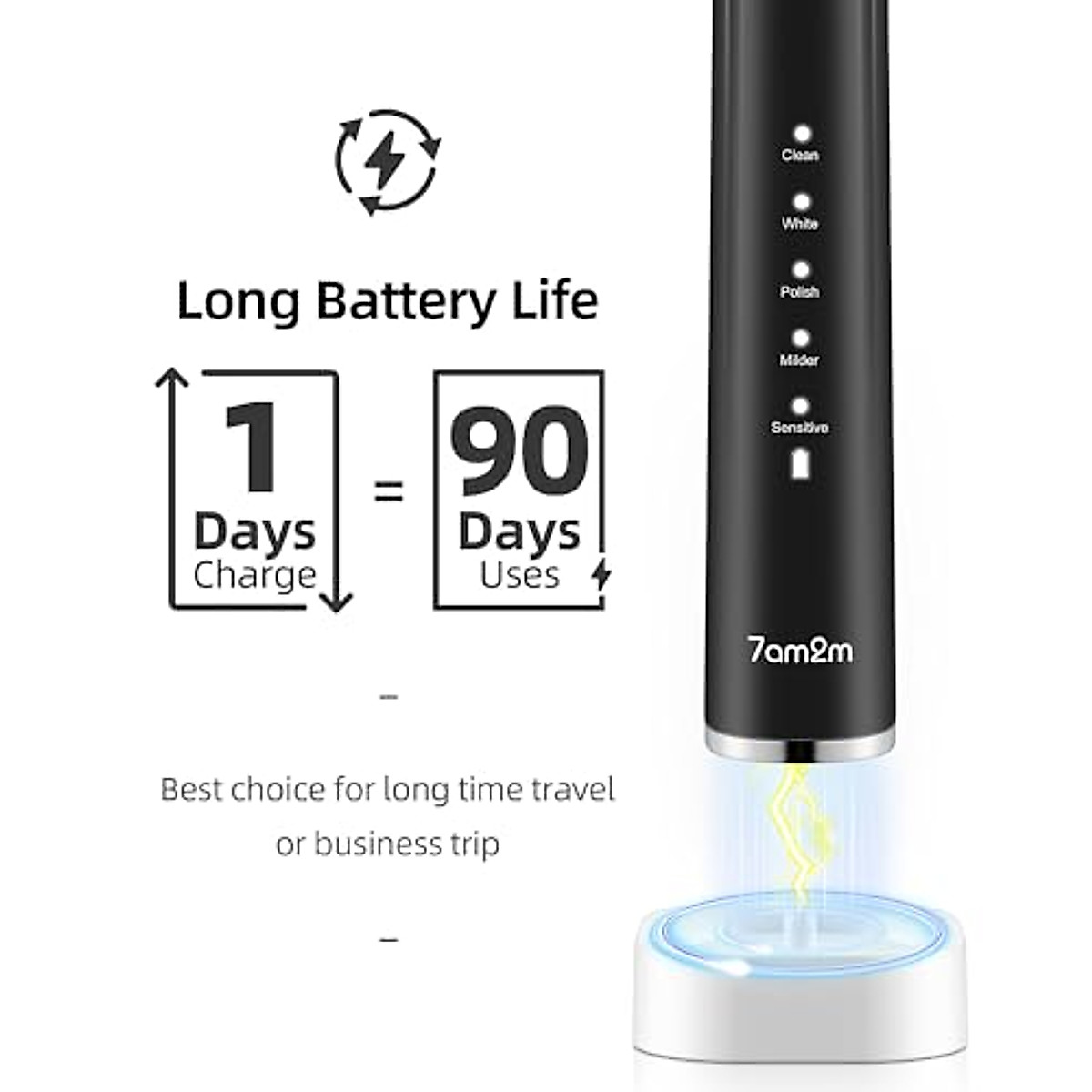 7AM2M Electric Toothbrush 2 Pack Set for Kids and Adults, 12 Brush Heads,5 Adjustable Modes, Built-in 2-Minute Smart Timer,Wireless Fast Charge for 60 Days,IPX7 Waterproof SonicToothbrush(Black+Pink)