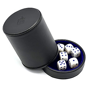 Luck Lab Black Leather Dice Cup with Lid Including 6 Matching Pearl Dice - Blue Velvet Interior for Quiet Shaking - Use for Liars Dice Farkle Yahtzee Board Games, Black