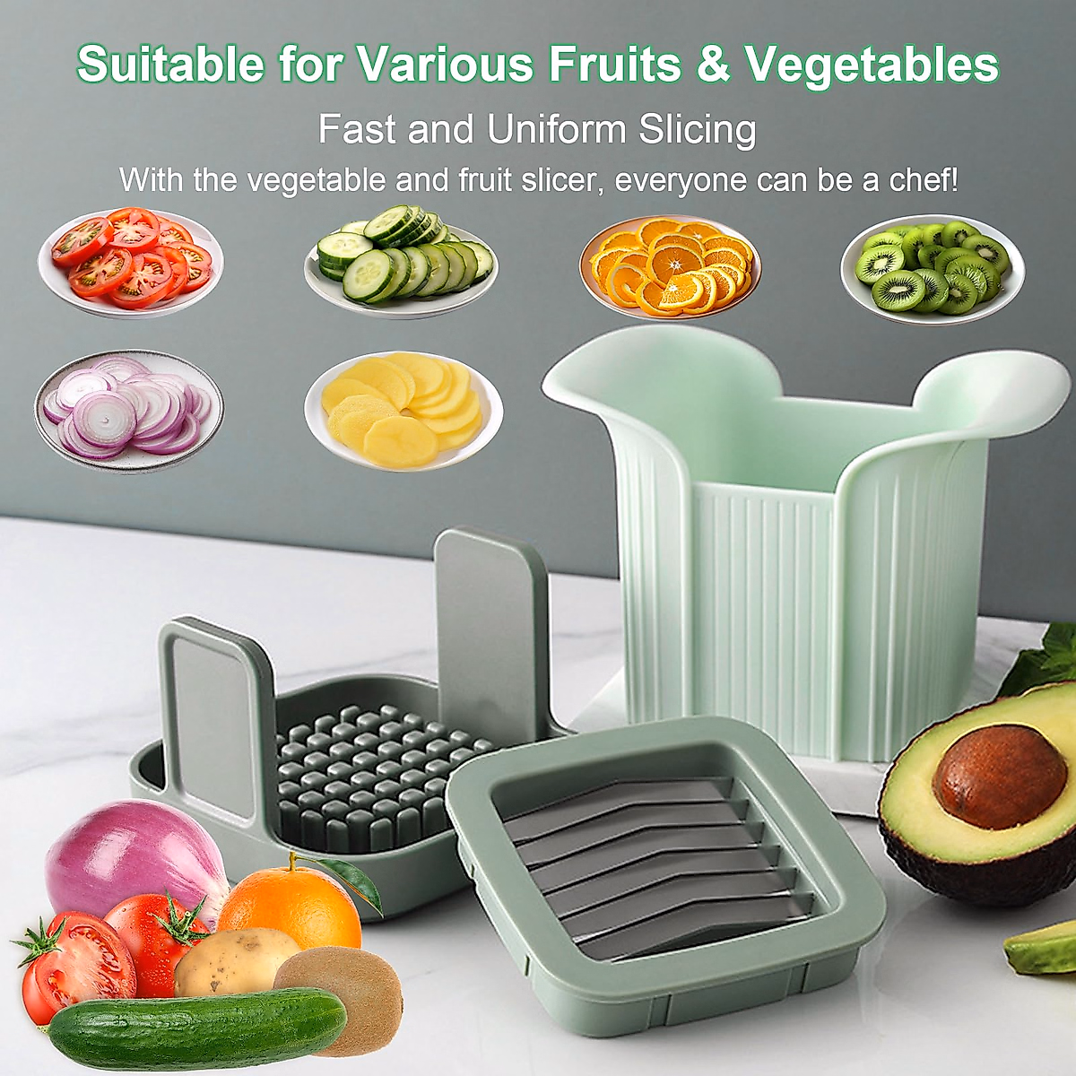 Tomato Slicer with Base, Fruit and Vegetable Slicer, Stainless Steel Kitchen Gadgets for Tomato, 7 Sharp Blades Sliced Small Multifunctional Tool for Potato, Onion, Grape