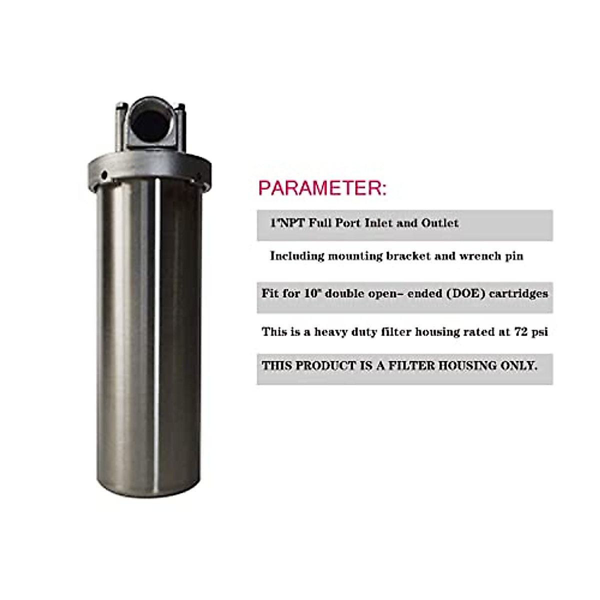 INTBUYING Heavy Duty Water Filter Shell Housing Whole House Water Purification of 304 Stainless Steel -10 inch Filter 1 inch NPT Inlet and Outlet with Bracket and Wrench Pin