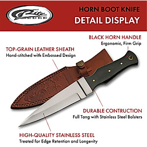 SZCO Supplies 9.25" Horn Handle Spear-Point Boot Knife with Sheath, Black, DH-8021HN