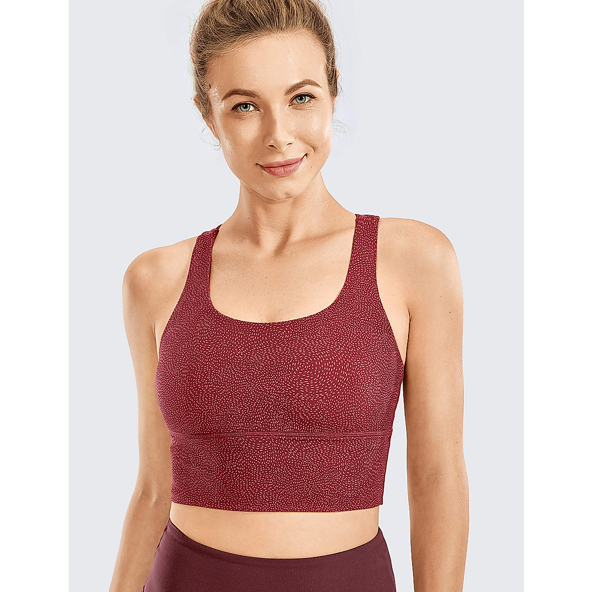 CRZ YOGA Women's Strappy Longline Sports Bras - Wirefree Padded Medium Impact Workout Crop Tank Top Impression Red Medium