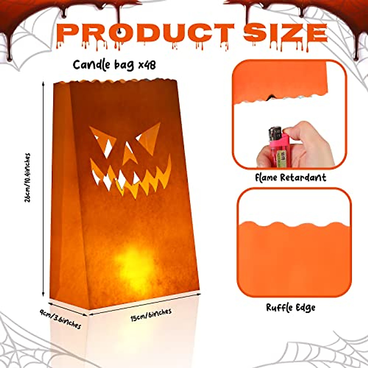 Halloween Luminary Bags Outdoor Paper Pumpkin Lantern Bags Flame Resistant Jack-o'-Lantern Bags Halloween Silhouette Luminary Candle Bags for Halloween, Party, Home Decorations (48 Pieces)