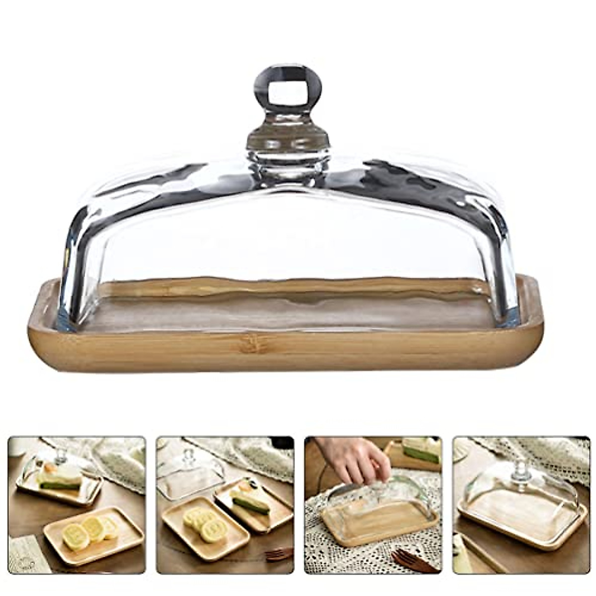 Bamboo Butter Dish with Glass Lid- 18X12X10CM Clear Butter Tray for Refrigerator& Counter for Butter, Block of Cream Cheese& Serving Dish ( Bamboo Tray )