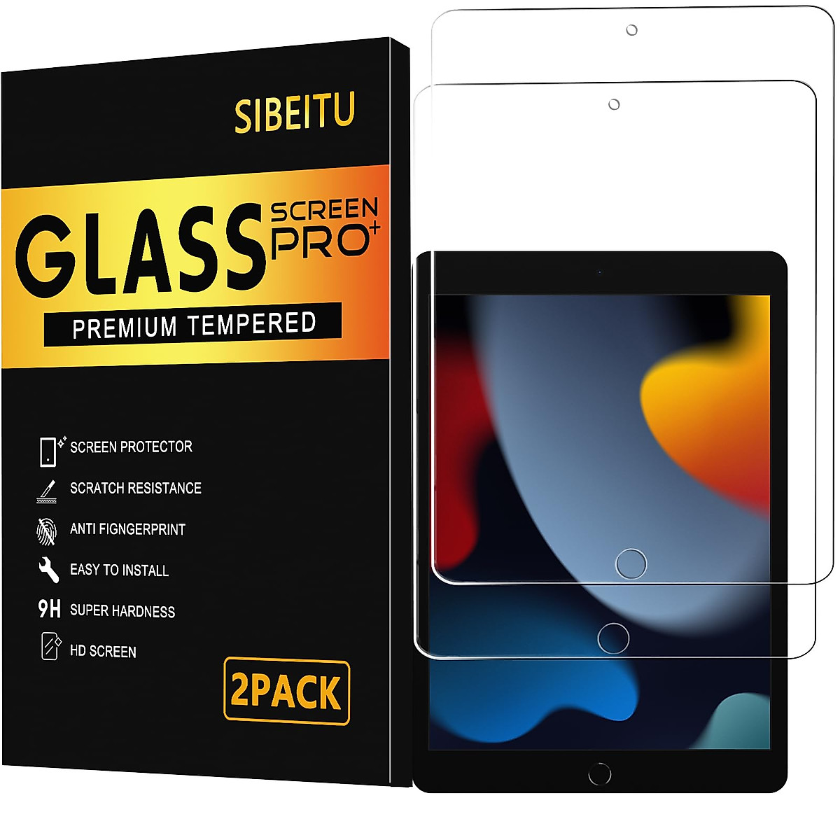 SIBEITU 2 Pack Screen Protector for iPad 9th Generation 2021, iPad 10.2 Inch HD Clear 9H Hardness Tempered Glass Film Compatible with iPad 8th 7th Generation 2020/2019, Scratch Resistent